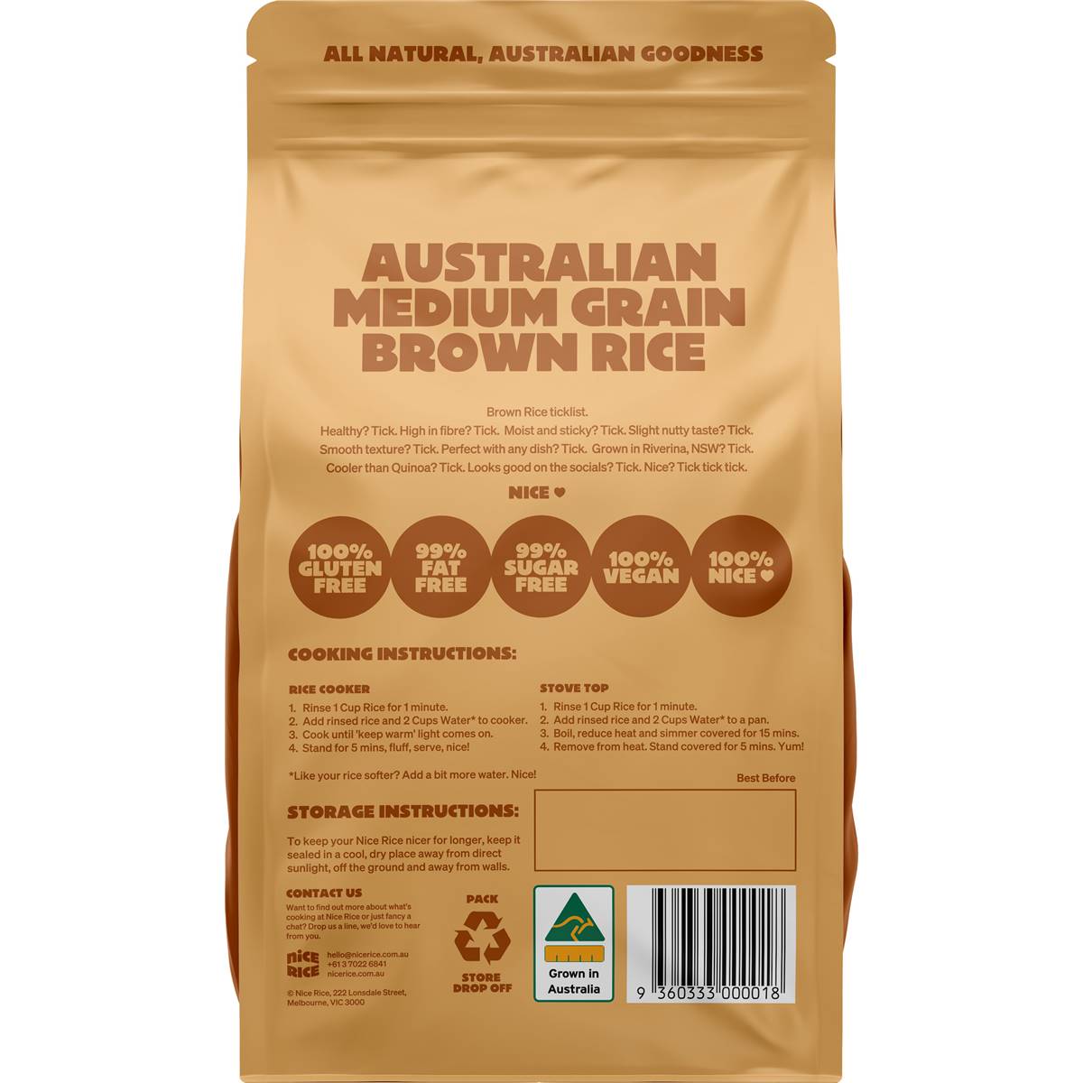 Nice Rice Medium Grain Brown Rice 1kg | Woolworths
