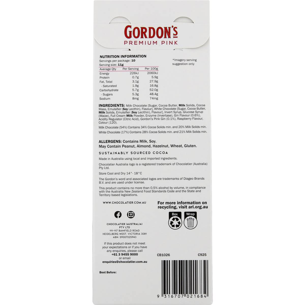 Gordon's Gordon's Pink Gin Milk Chocolates 110g | Woolworths