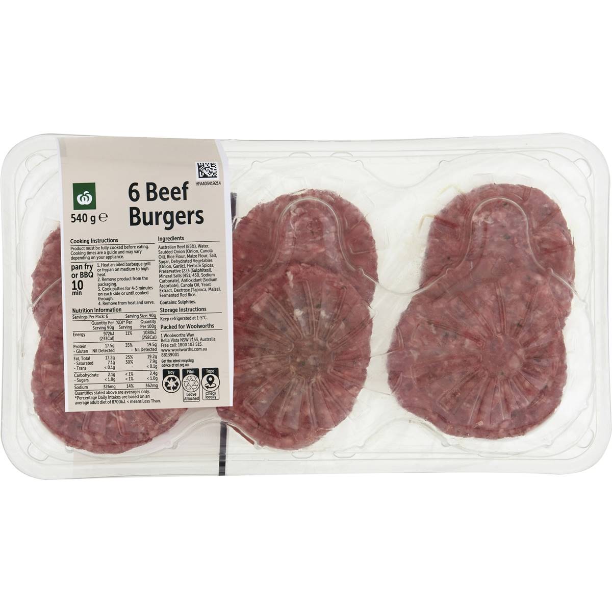 Woolworths Beef Burgers 6 Pack | Woolworths