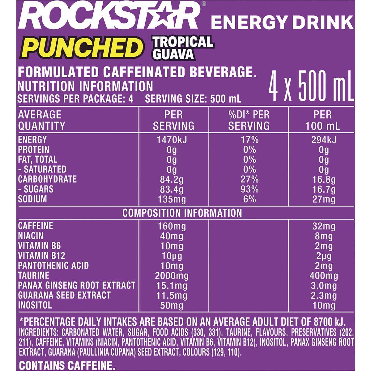 Rockstar Energy Drink Guava Energy Drink 500ml X4 Pack | Woolworths