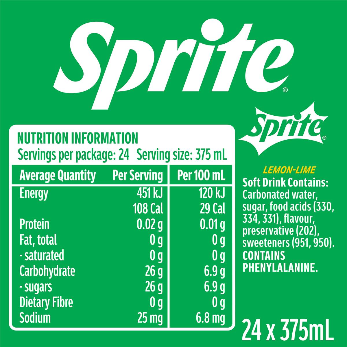 Sprite Lemonade Soft Drink Cans 375ml X24 Pack | Woolworths
