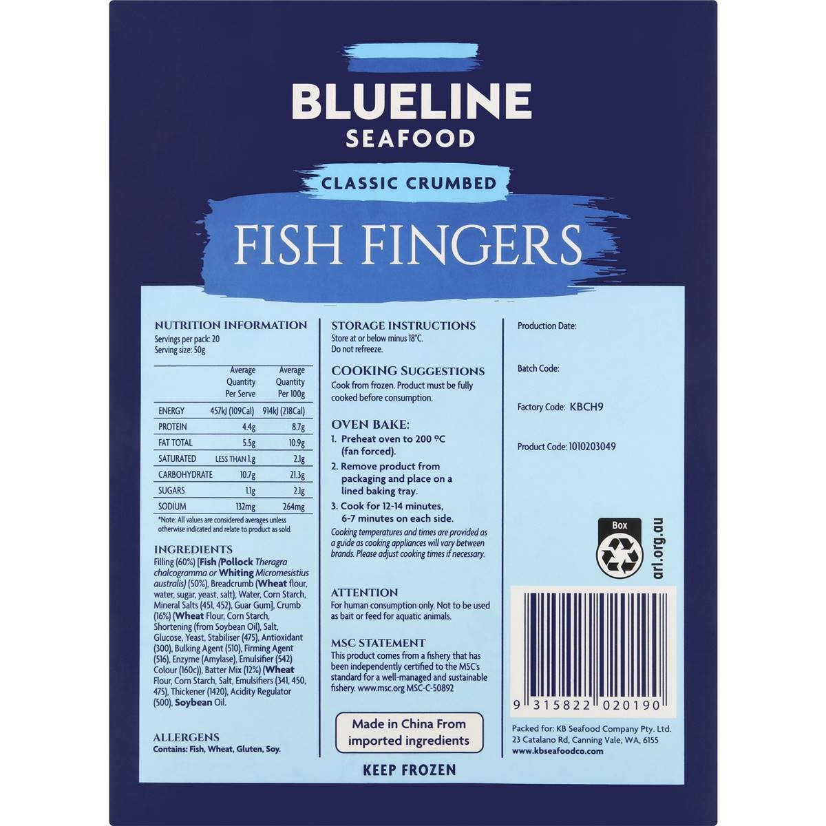Blueline Seafood Crumbed Fish Fingers 1kg | Woolworths