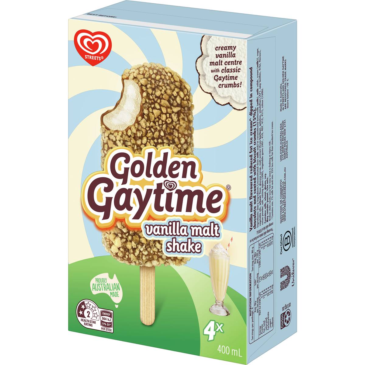 Streets Golden Gaytime Vanilla Malt Shake 4 Pack | Woolworths
