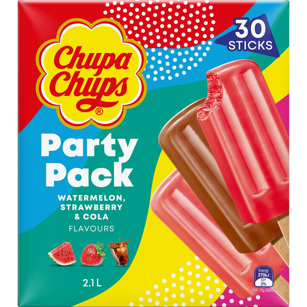 Chupa Chups Party Pack Watermelon Strawberry & Cola Ice Blocks 30 Pack ...