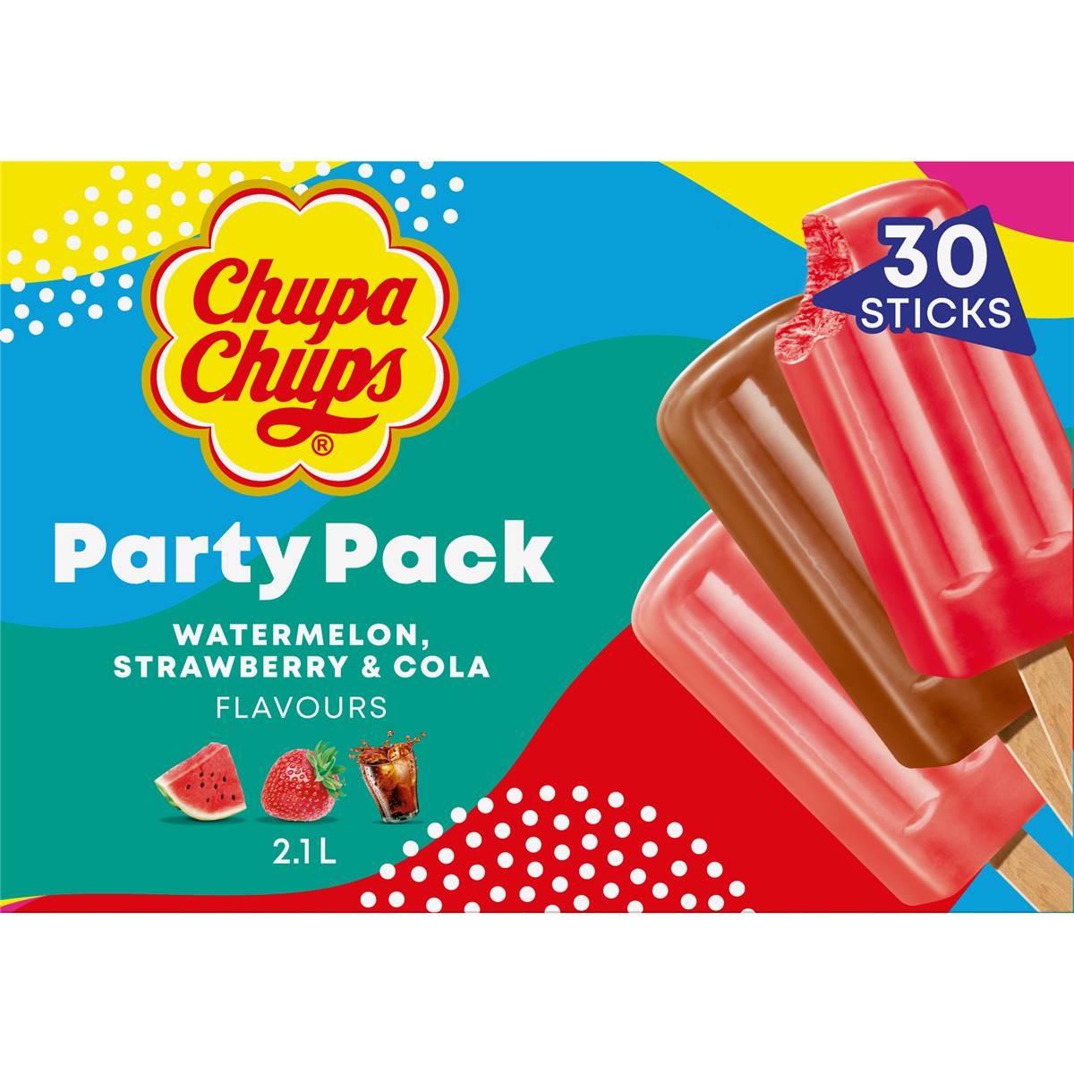 Chupa Chups Party Pack Watermelon Strawberry & Cola Ice Blocks 30 Pack ...