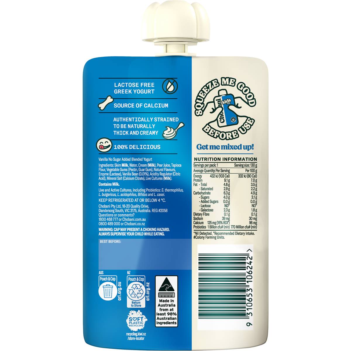 Chobani Kids Yogurt Pouch Vanilla 130g | Woolworths