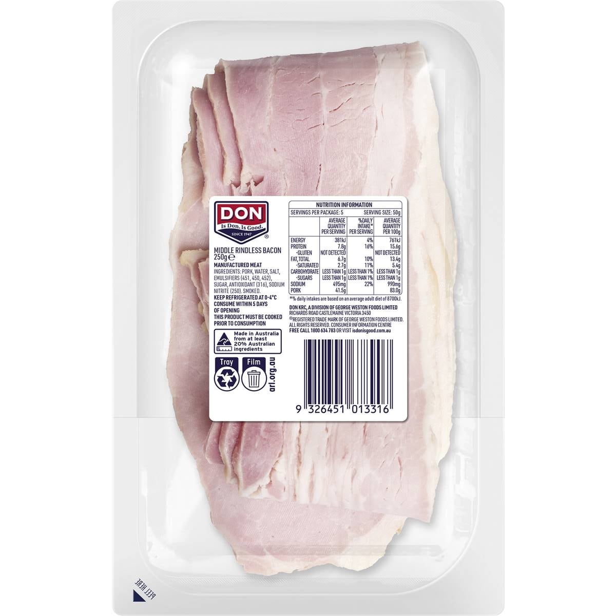 Don Middle Bacon Rindless 250g | Woolworths