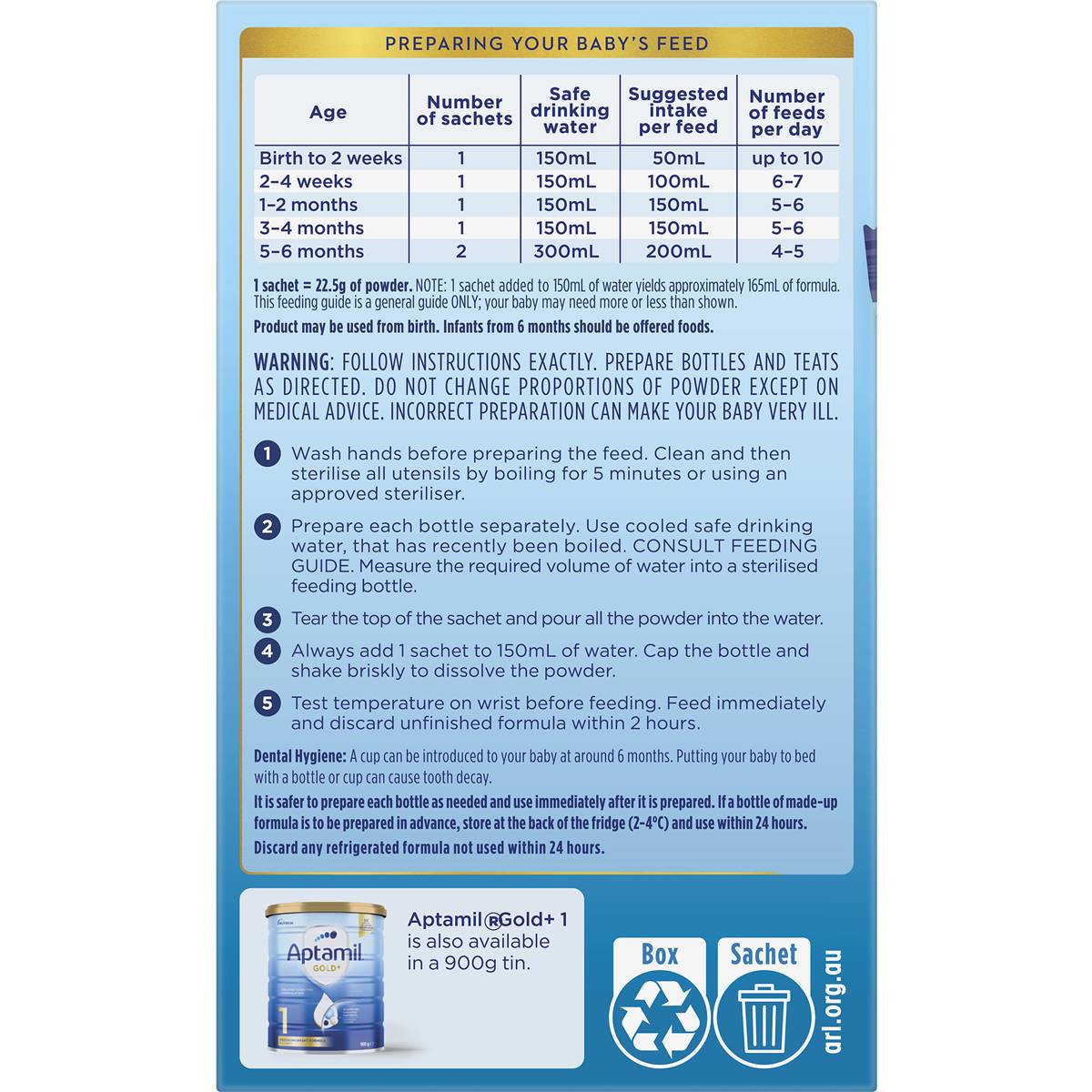 Aptamil Gold+ Stage 1 Infant Formula 0-6 Months Sachets 5 Pack | Woolworths