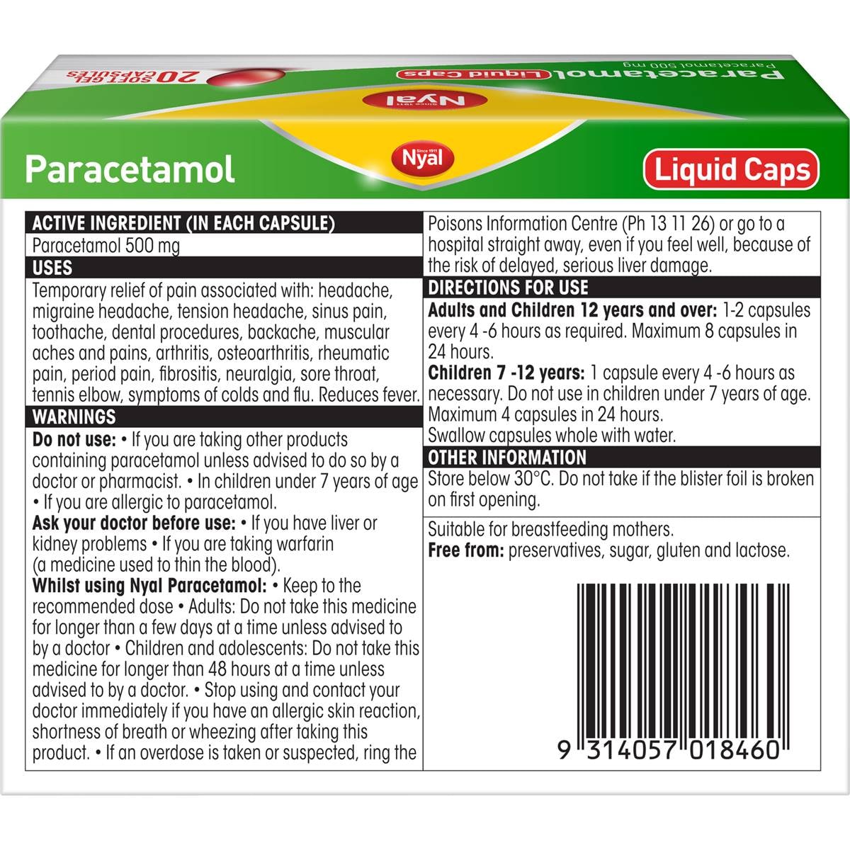 Nyal Paracetamol Liquid Gel Capsules 20 Pack | Woolworths
