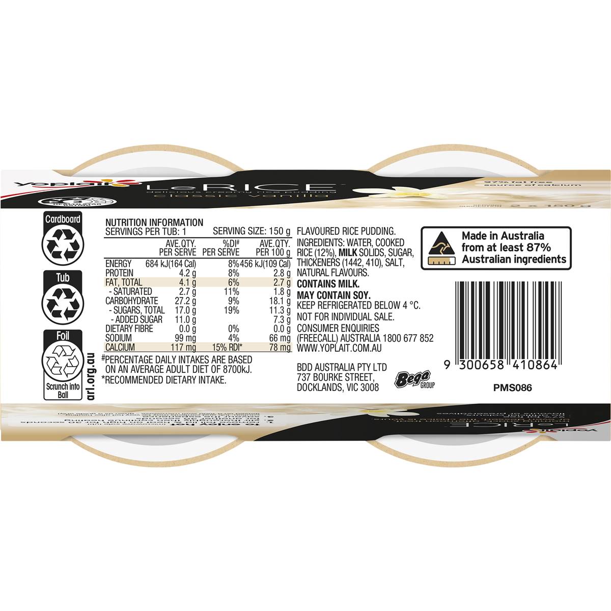 Yoplait Le Rice Classic Vanilla 150g X 2 Pack | Woolworths
