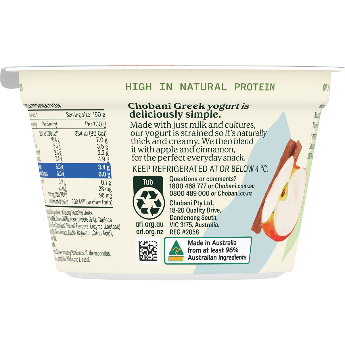 Chobani No Sugar Added Apple Cinnamon Greek Yogurt 150g | Woolworths
