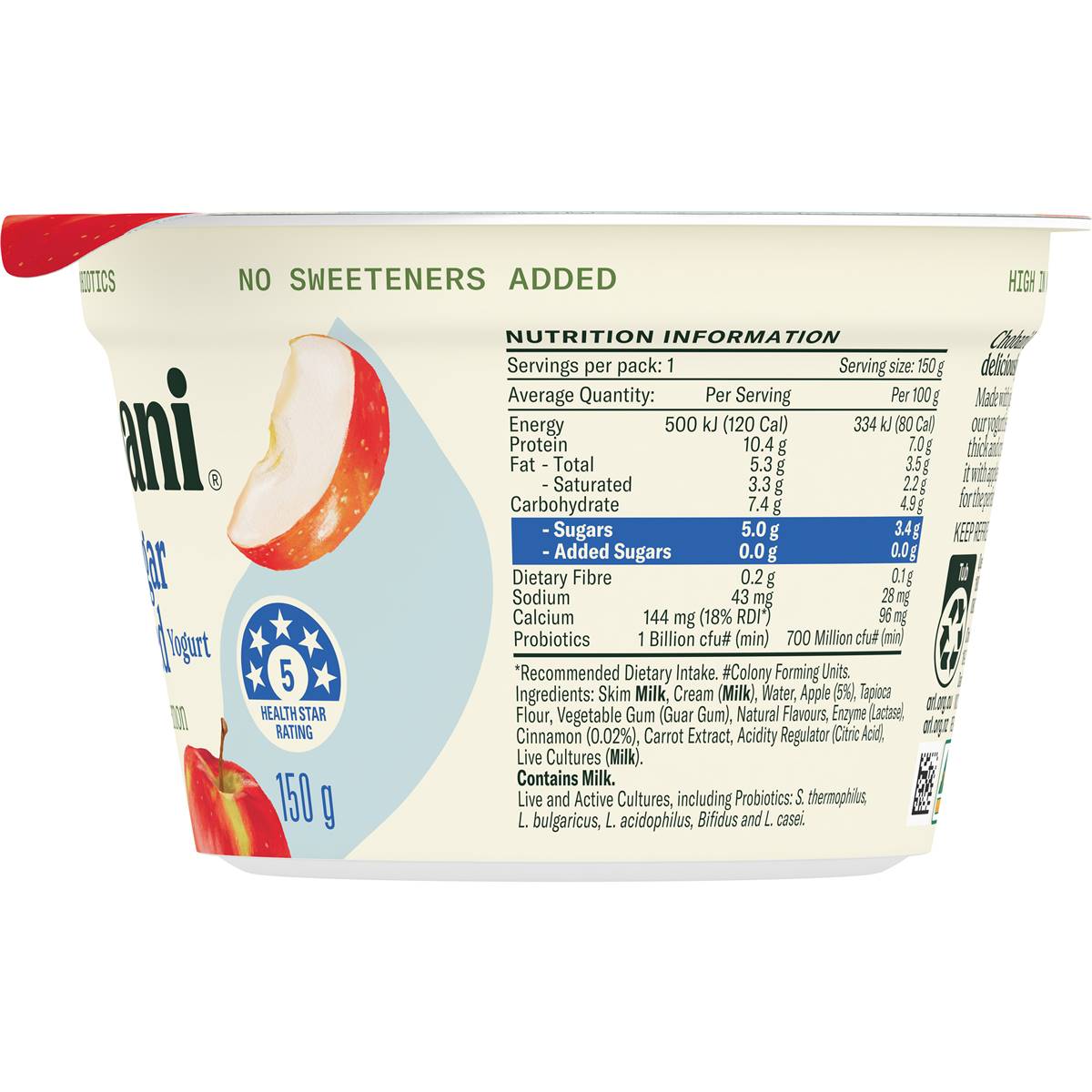 Chobani No Sugar Added Apple Cinnamon Greek Yogurt 150g | Woolworths