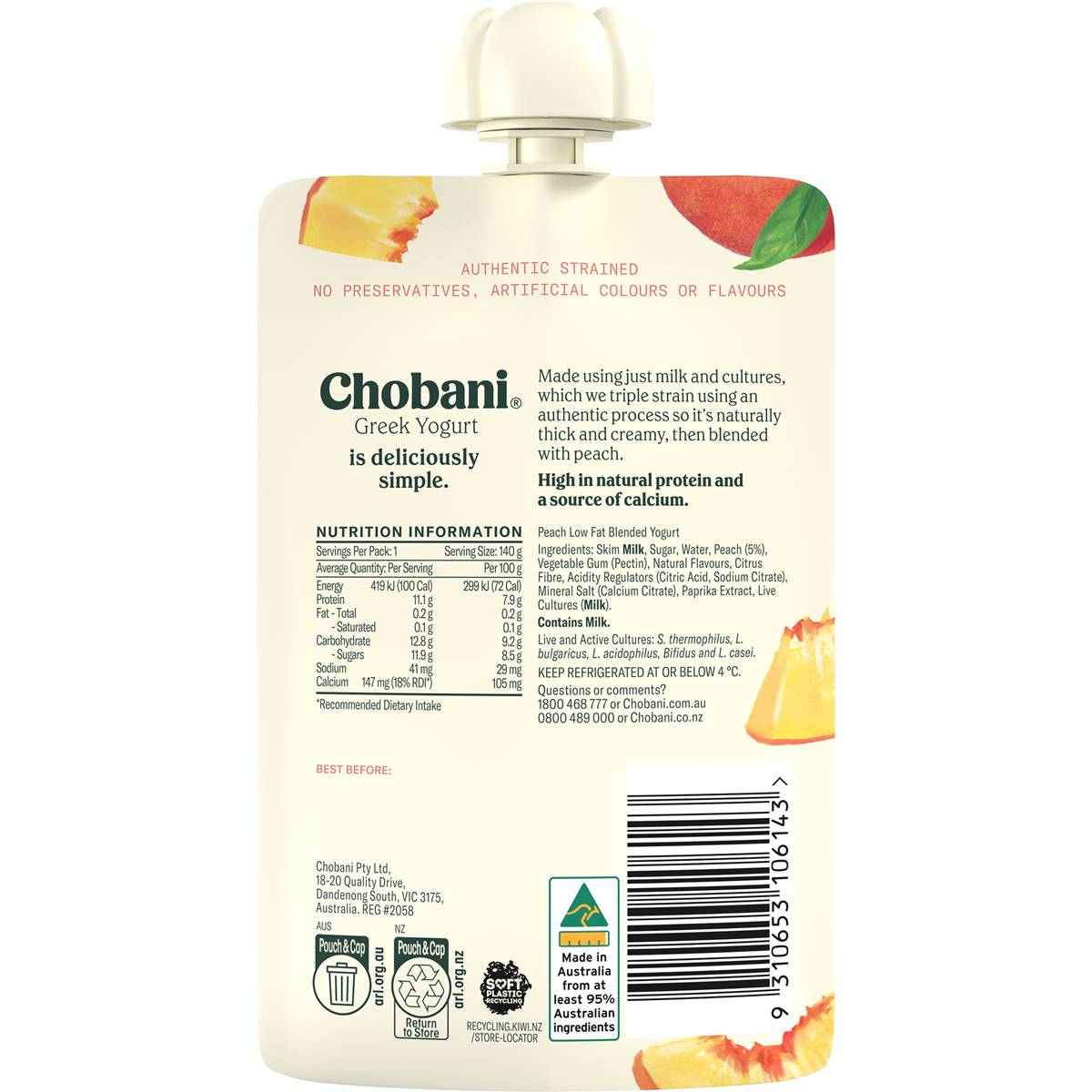 Chobani Greek Yogurt Pouch Peach 140g | Woolworths