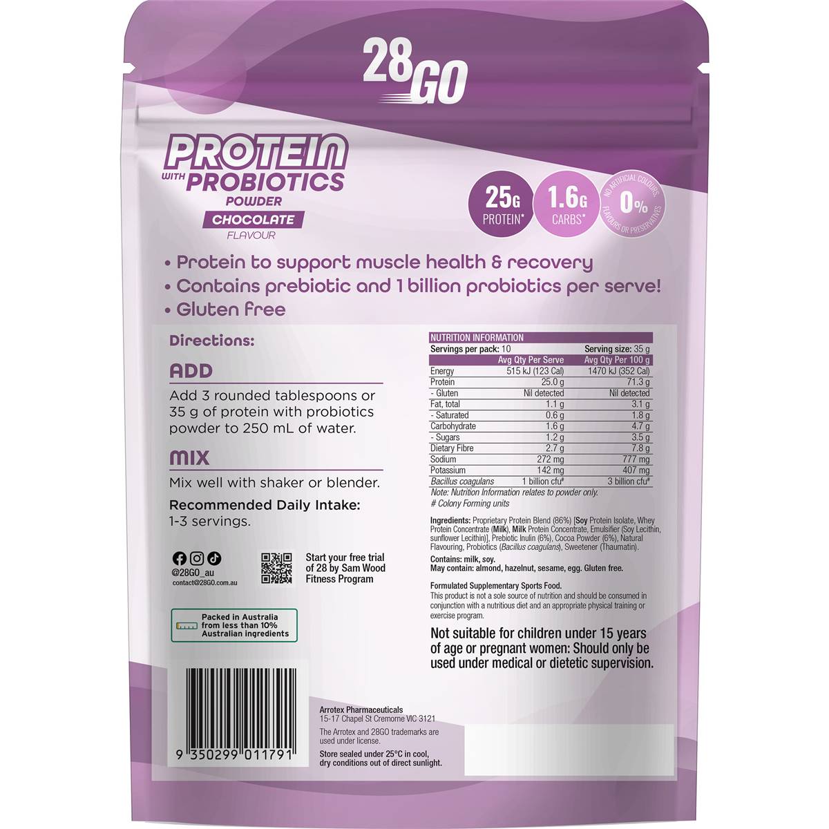 28go Protein With Probiotics Powder Chocolate 350g | Woolworths