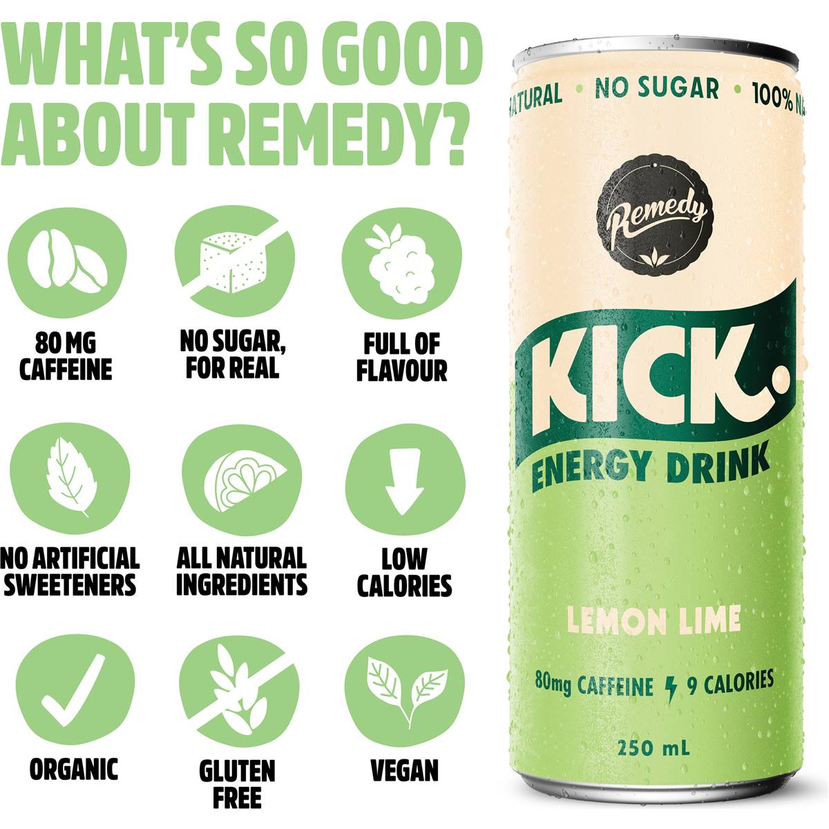 Remedy Kick Energy Drink Lemon Lime Cans 250ml X 4 Pack | Woolworths
