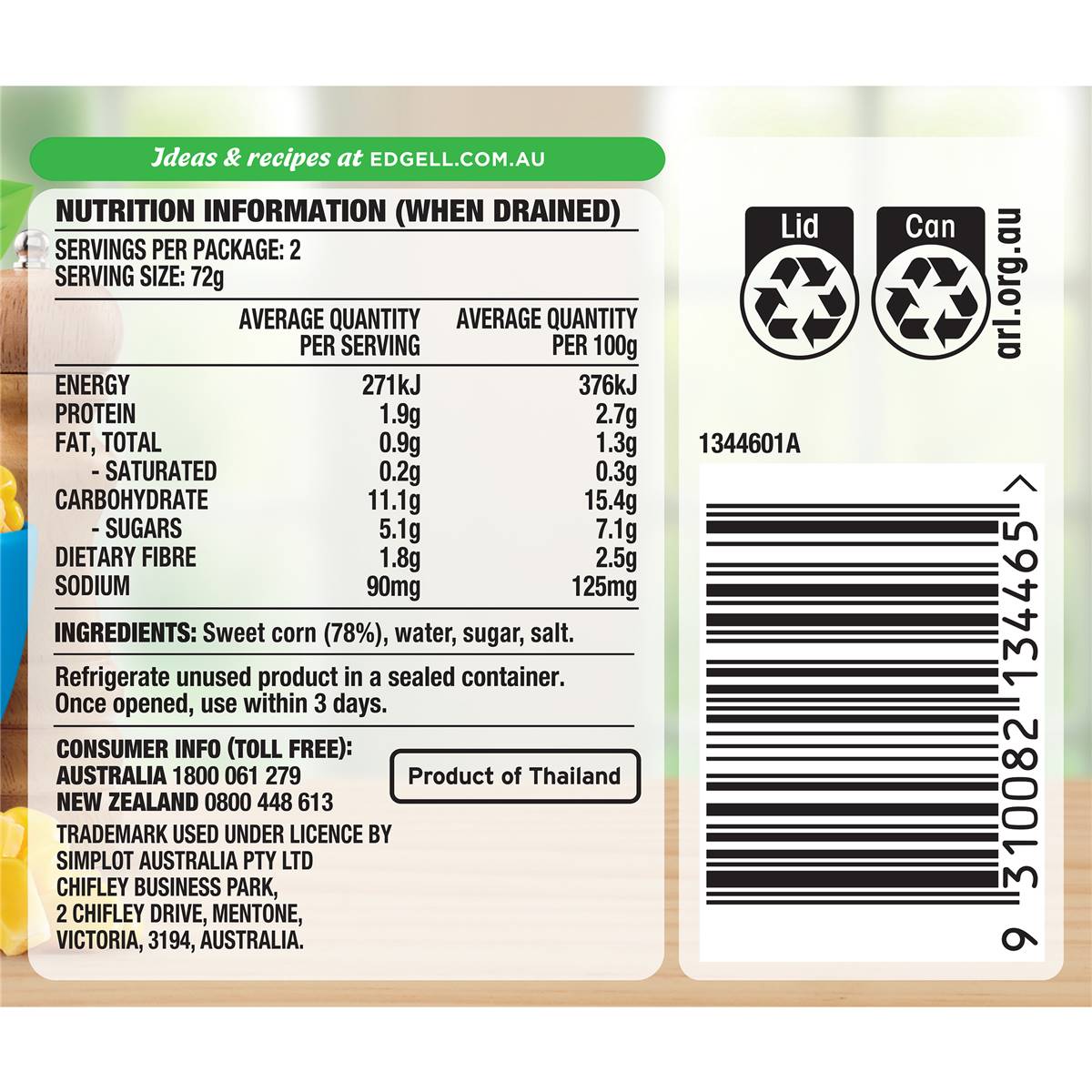 Edgell Sweet Corn Kernels Cut From The Cob 185g | Woolworths