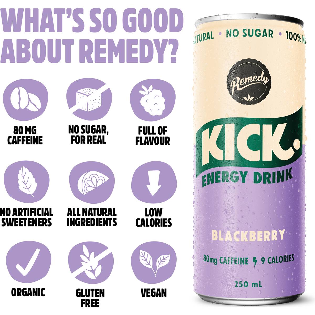 Remedy Kick Energy Drink Blackberry Cans 250ml X 4 Pack | Woolworths
