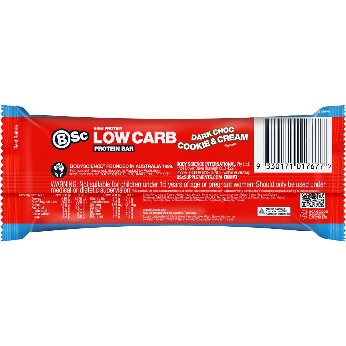Bsc High Protein Low Carb Bar Dark Choc Cookie 60g | Woolworths