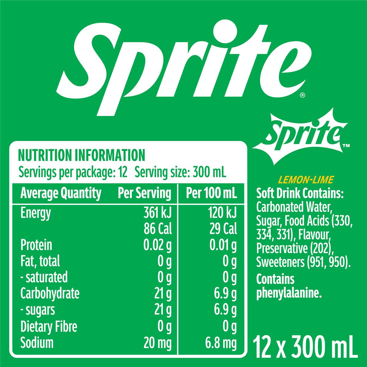 Sprite Lemonade 300ml X 12 Pack | Woolworths
