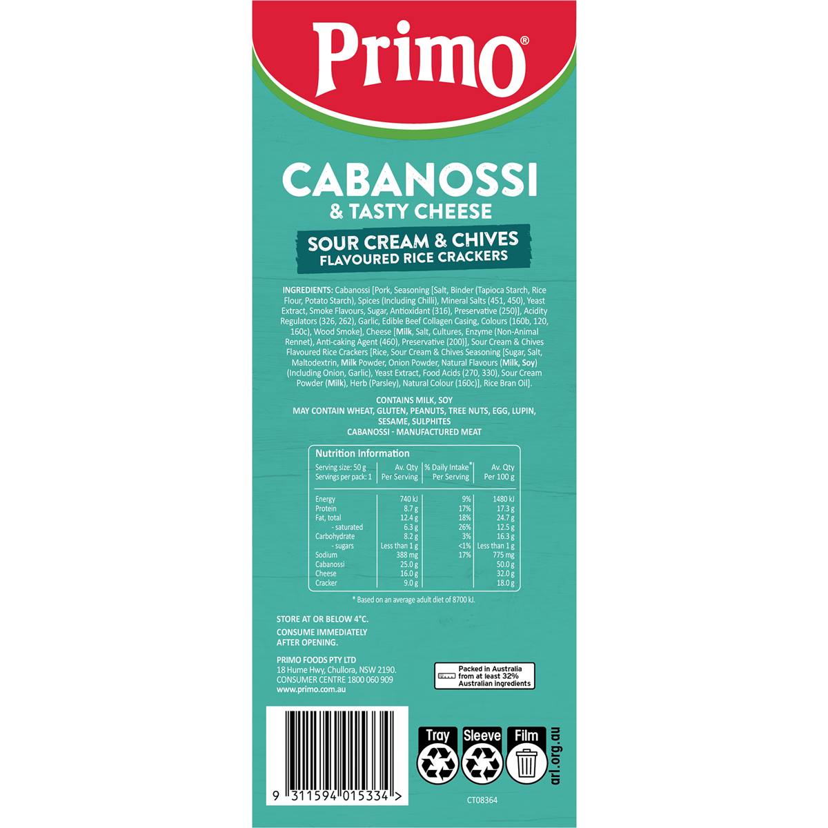 Primo Trios Cabanossi Tasty Cheese Sour Cream & Chives Crackers 50g ...
