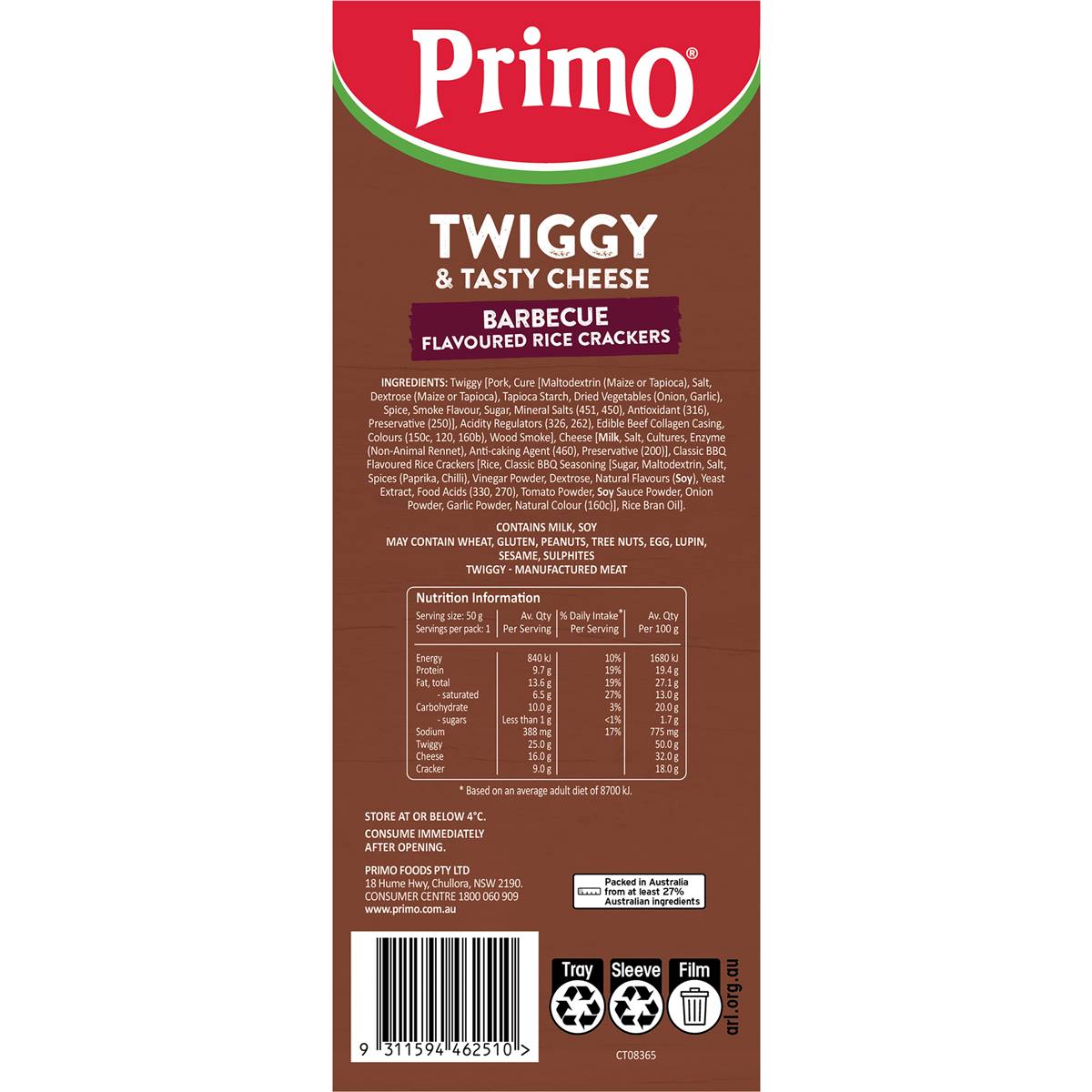 Primo Trios Twiggy Tasty Cheese & Barbeque Rice Crackers 50g | Woolworths
