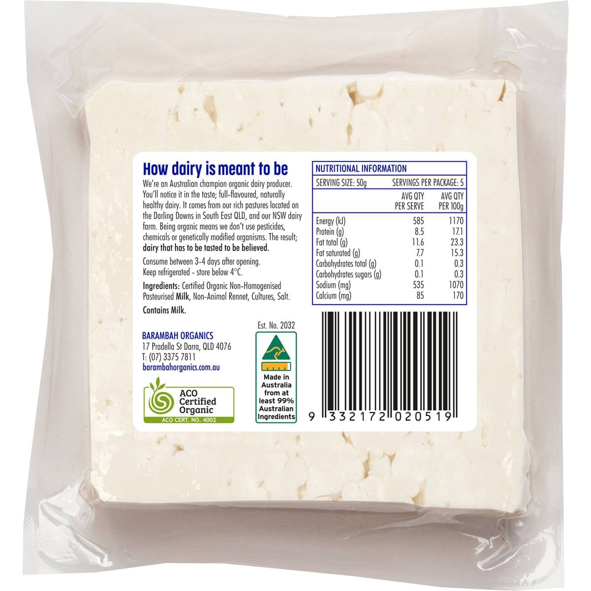 Barambah Organics Feta Cheese Block 250g | Woolworths