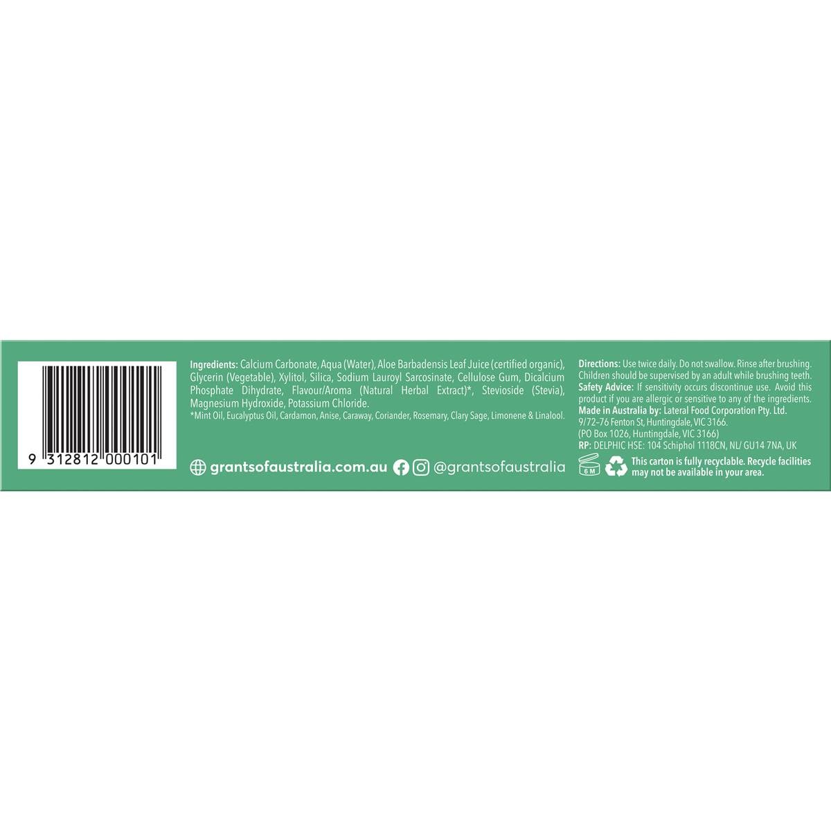 Grants Of Australia Toothpaste Mild Mint 110g | Woolworths