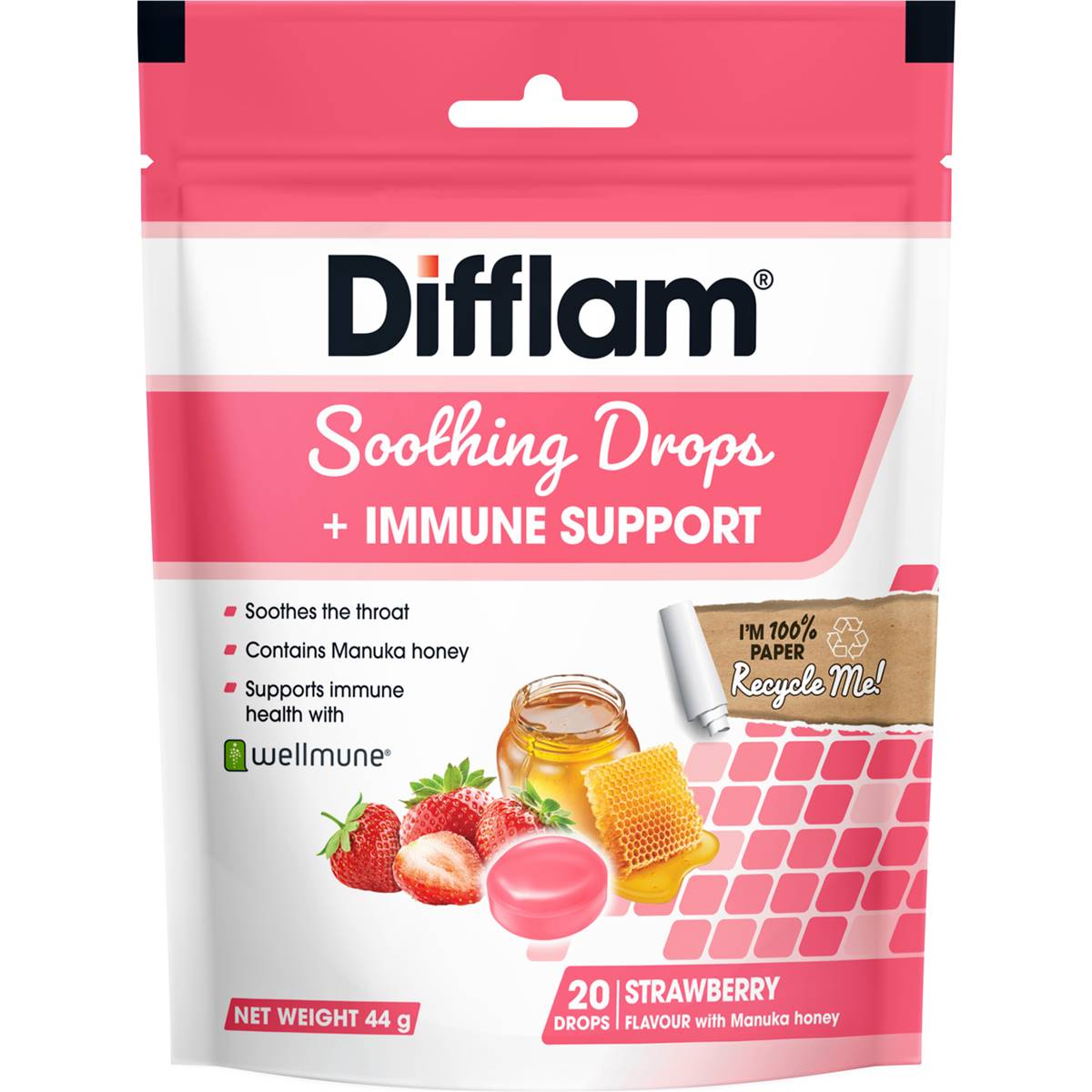 Difflam Soothing Drops + Immune Support Strawberry 20 Pack | Woolworths