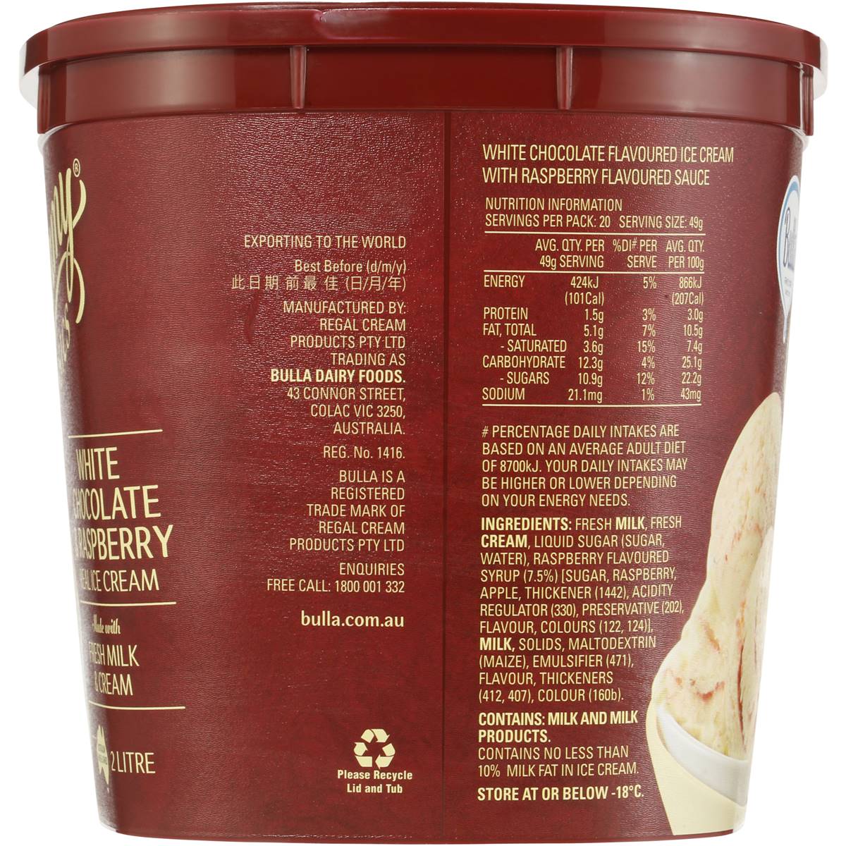 Bulla Creamy Classics Ice Cream White Chocolate & Raspberry 2l Tub ...