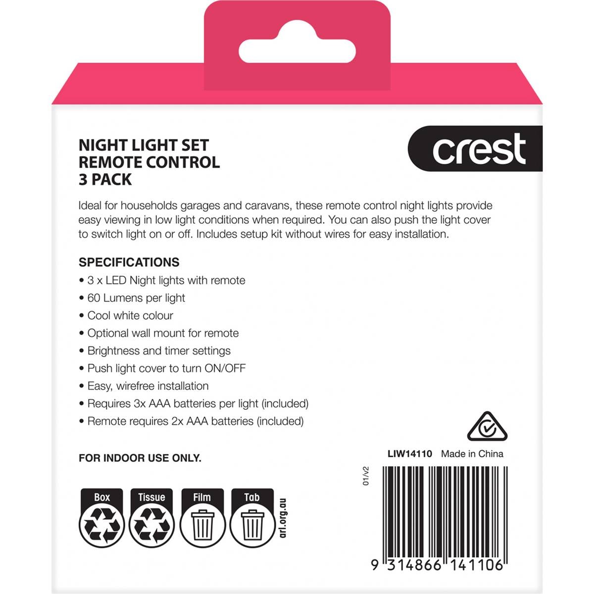 Crest Night Light Set Remote Control Cool White 3 Pack | Woolworths