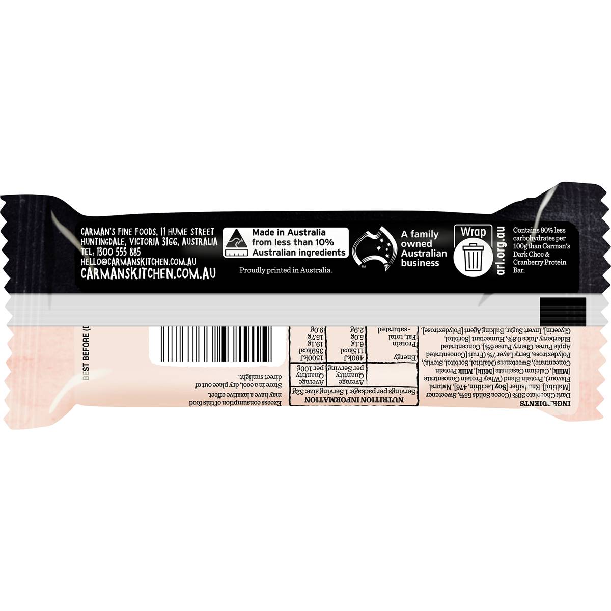 Carman's Low Sugar Low Carb Bar Raspberry Ripple 160g | Woolworths