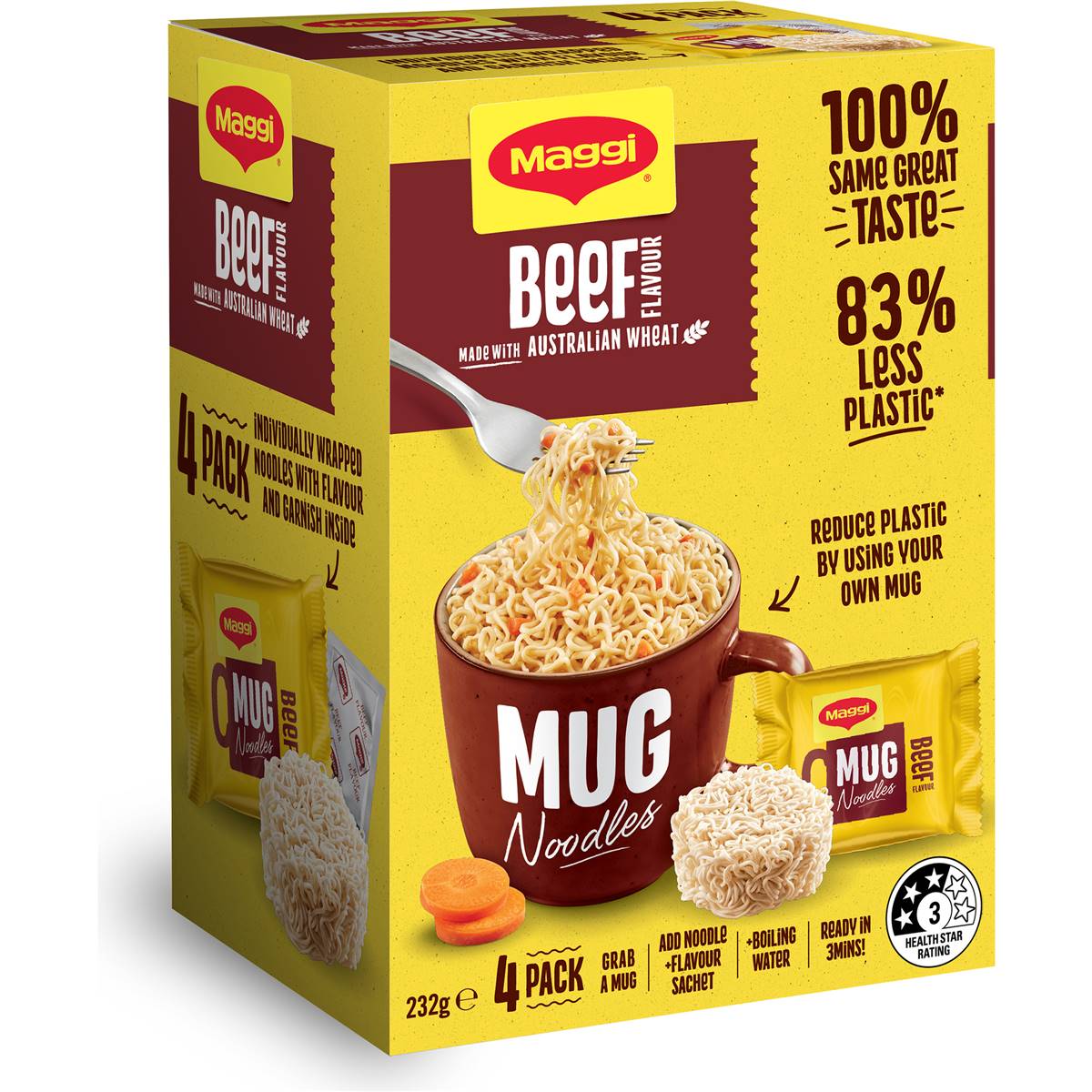 Maggi Mug Noodles Beef Flavour 4 Pack 232g | Woolworths