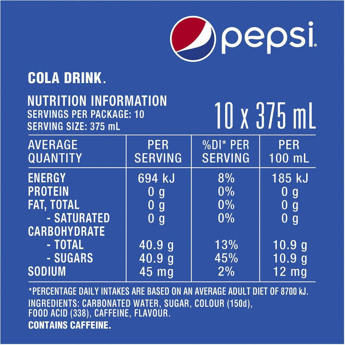 Pepsi Cola Soft Drink Cans Multipack 375ml X 10 Pack | Woolworths