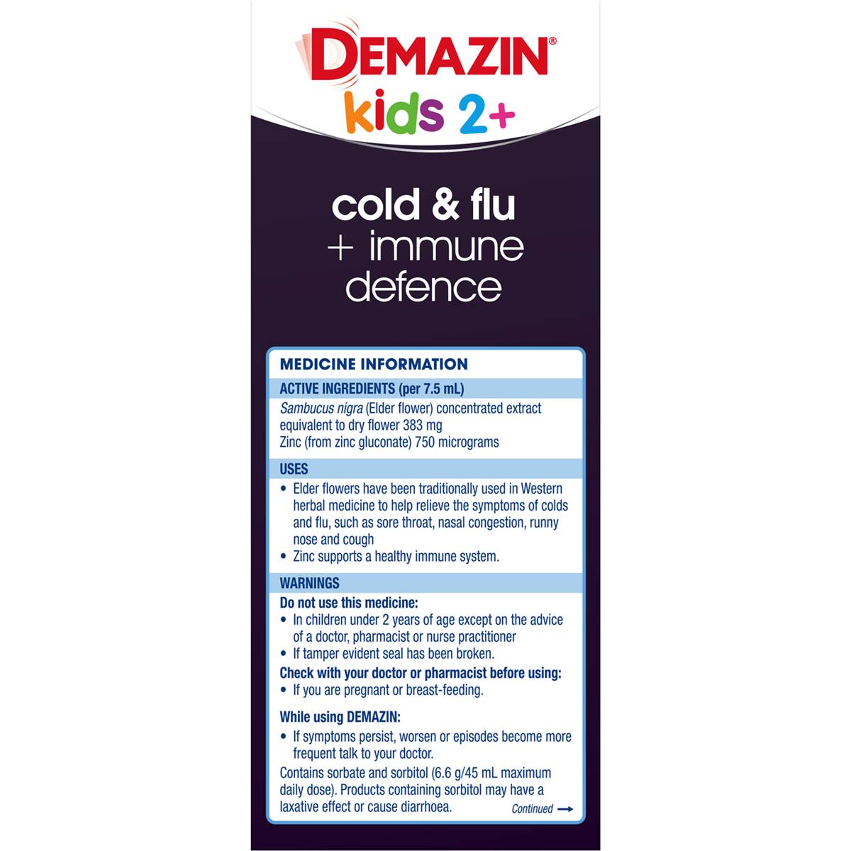 Demazin Kids 2+ Cold & Flu + Immune Defence Oral Liquid 200ml | Woolworths
