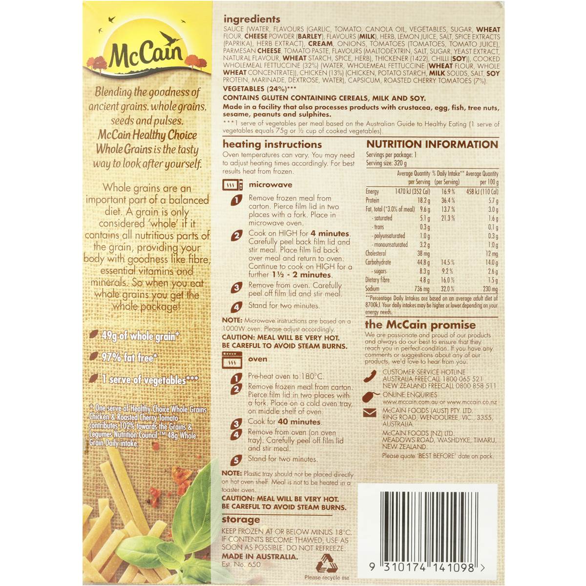 Mccain Healthy Choice Wholegrain Frozen Meal Chicken & Tomato 320g ...