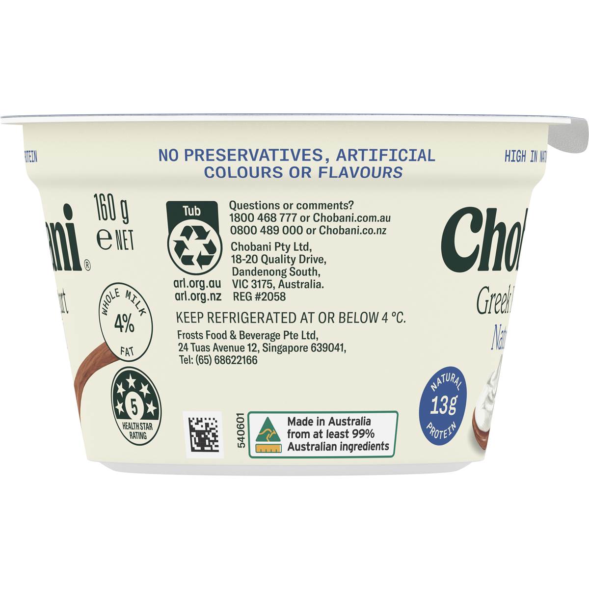 Chobani Greek Yogurt Natural 160g | Woolworths