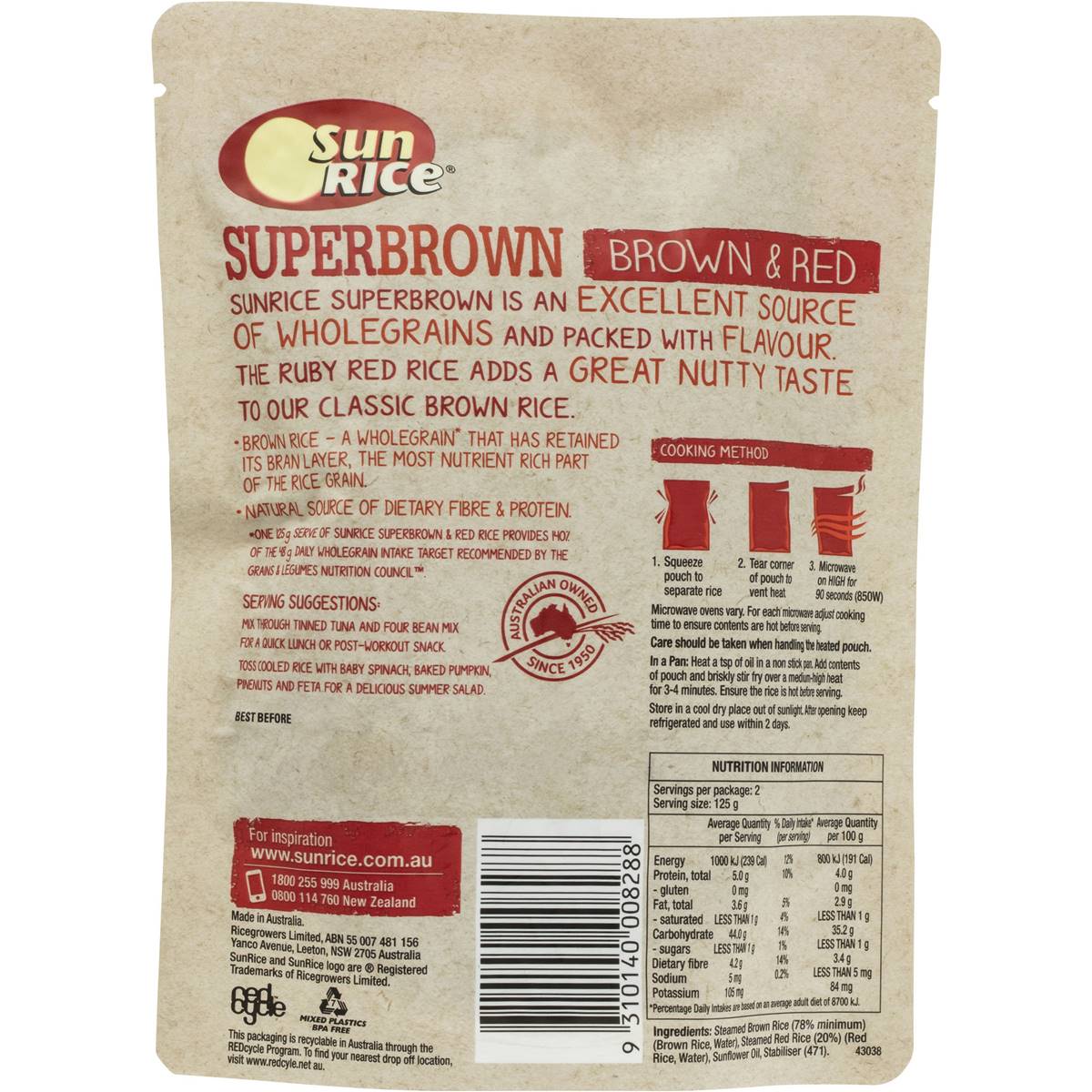 Sunrice Rice Super Brown Pouch 250g | Woolworths