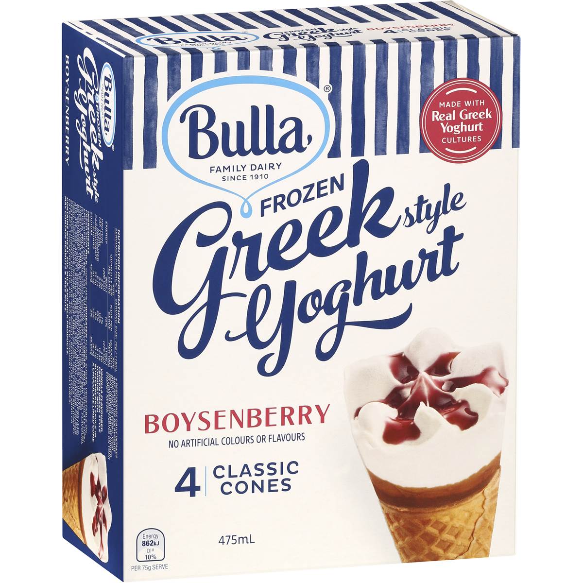 Bulla Greek Frozen Yoghurt Boysenberry Classic Cones 4 Pack | Woolworths