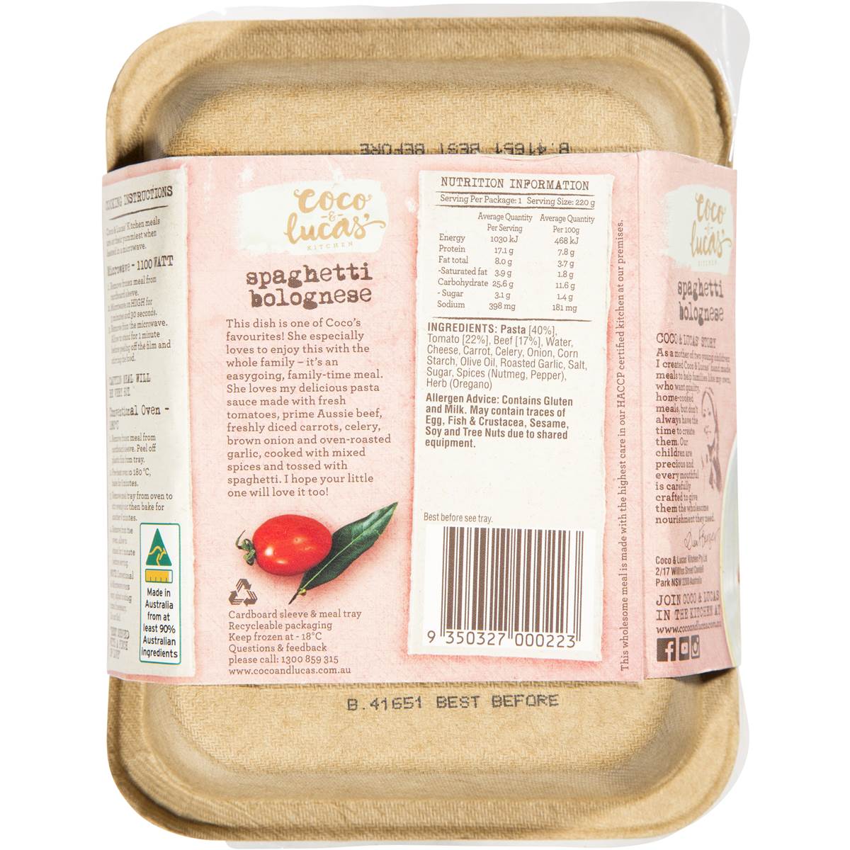 Coco & Lucas' Spaghetti Bolognese Frozen Meal 220g | Woolworths