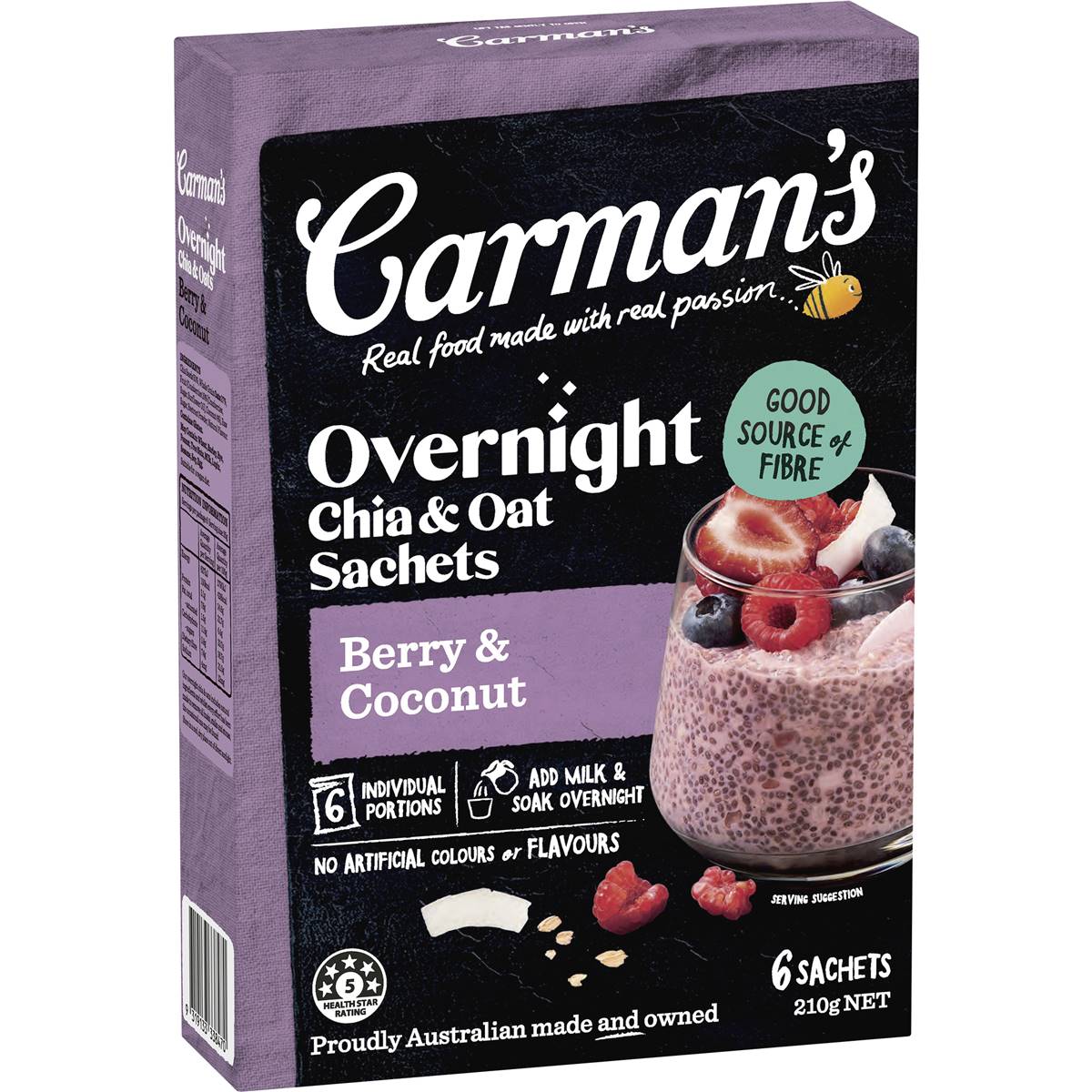 Carman's Overnight Chia & Oat Sachets Berry & Coconut 6 Pack | Woolworths