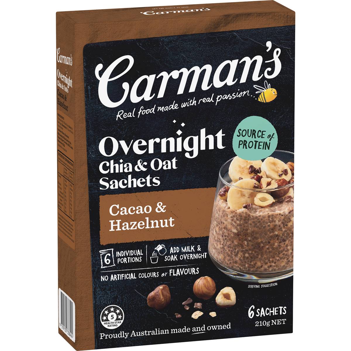 Carman's Overnight Chia & Oat Sachets Cacao & Hazelnut 6 Pack | Woolworths
