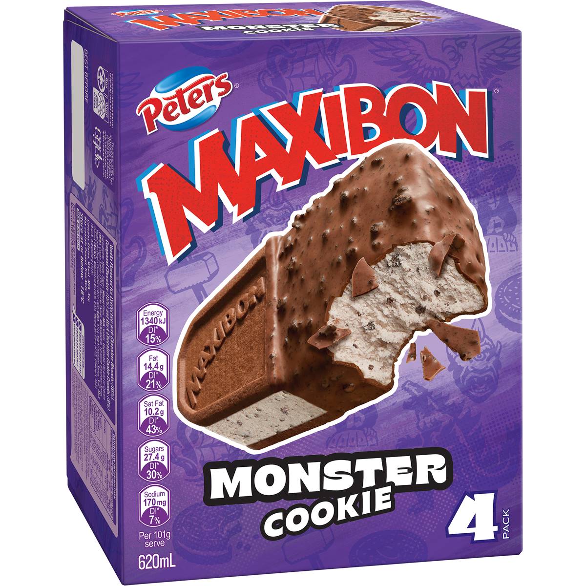Peters Maxibon Monster Cookie 4 Pack | Woolworths