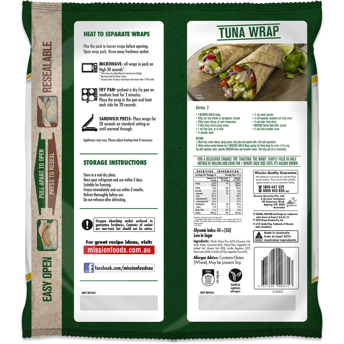Mission Low Gi Wraps Wholemeal 6 Pack | Woolworths