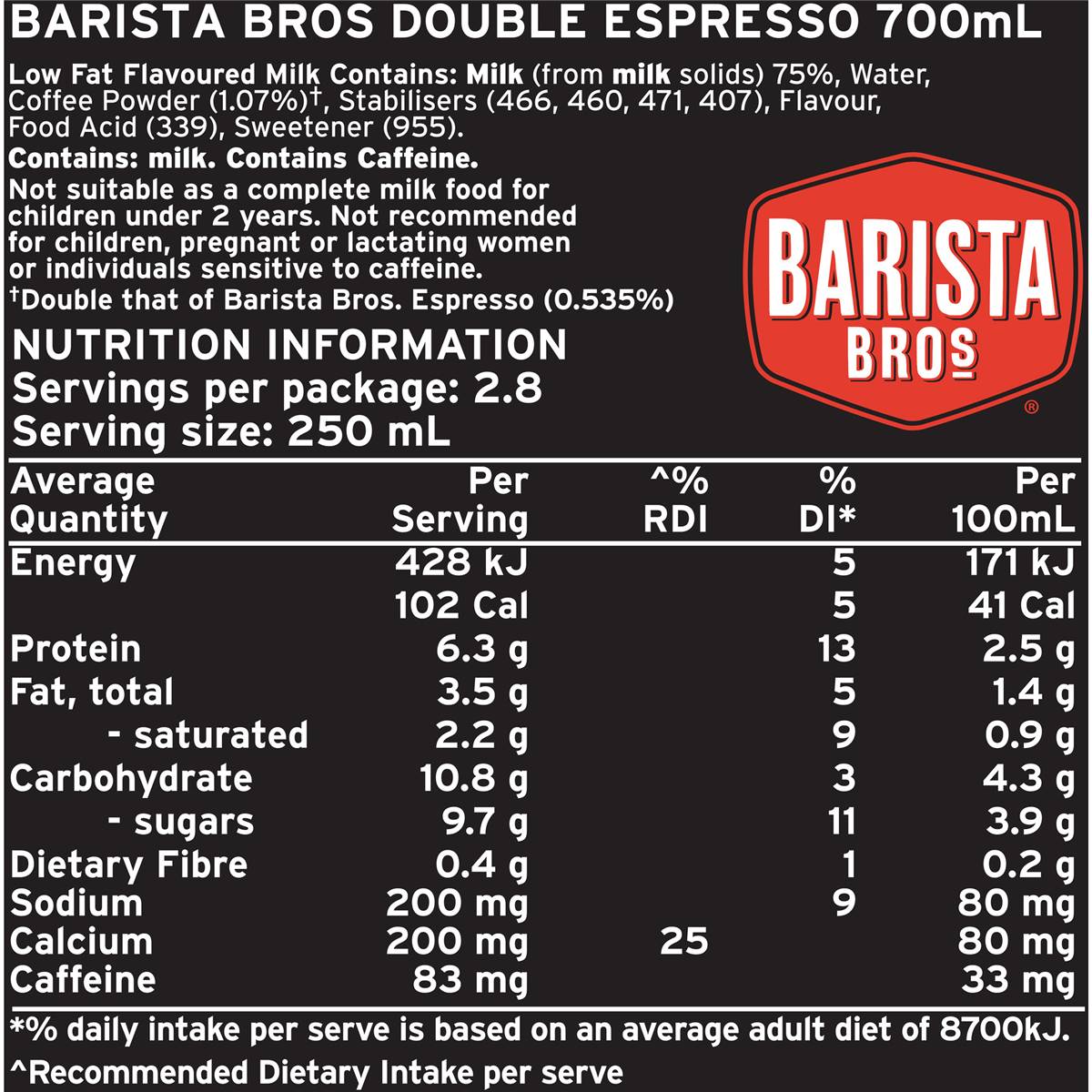 Barista Bros Double Espresso No Added Sugar Flavoured Milk Bottle 700ml ...