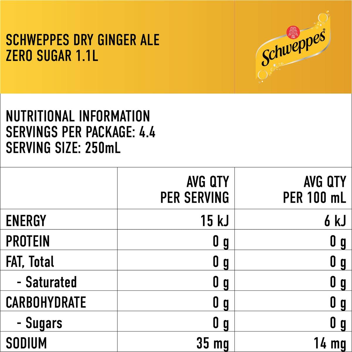 Schweppes Zero Sugar Classic Mixers Dry Ginger Ale Soft Drink Bottle 1.1l | Woolworths