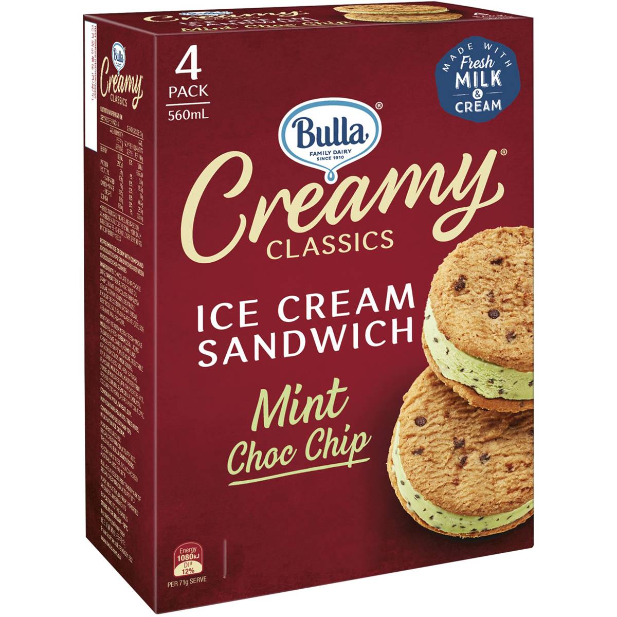 Bulla Creamy Classics Mint Choc Chip Sandwiches 4 Pack | Woolworths