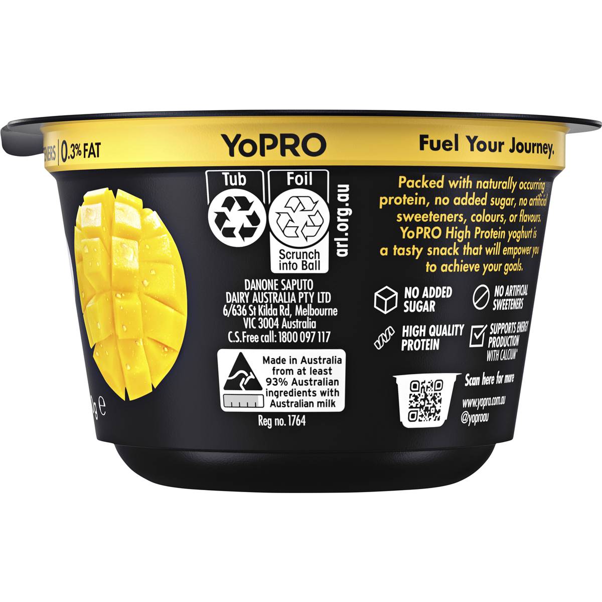 Yopro Danone High Protein Yoghurt No Added Sugar Mango 160g | Woolworths