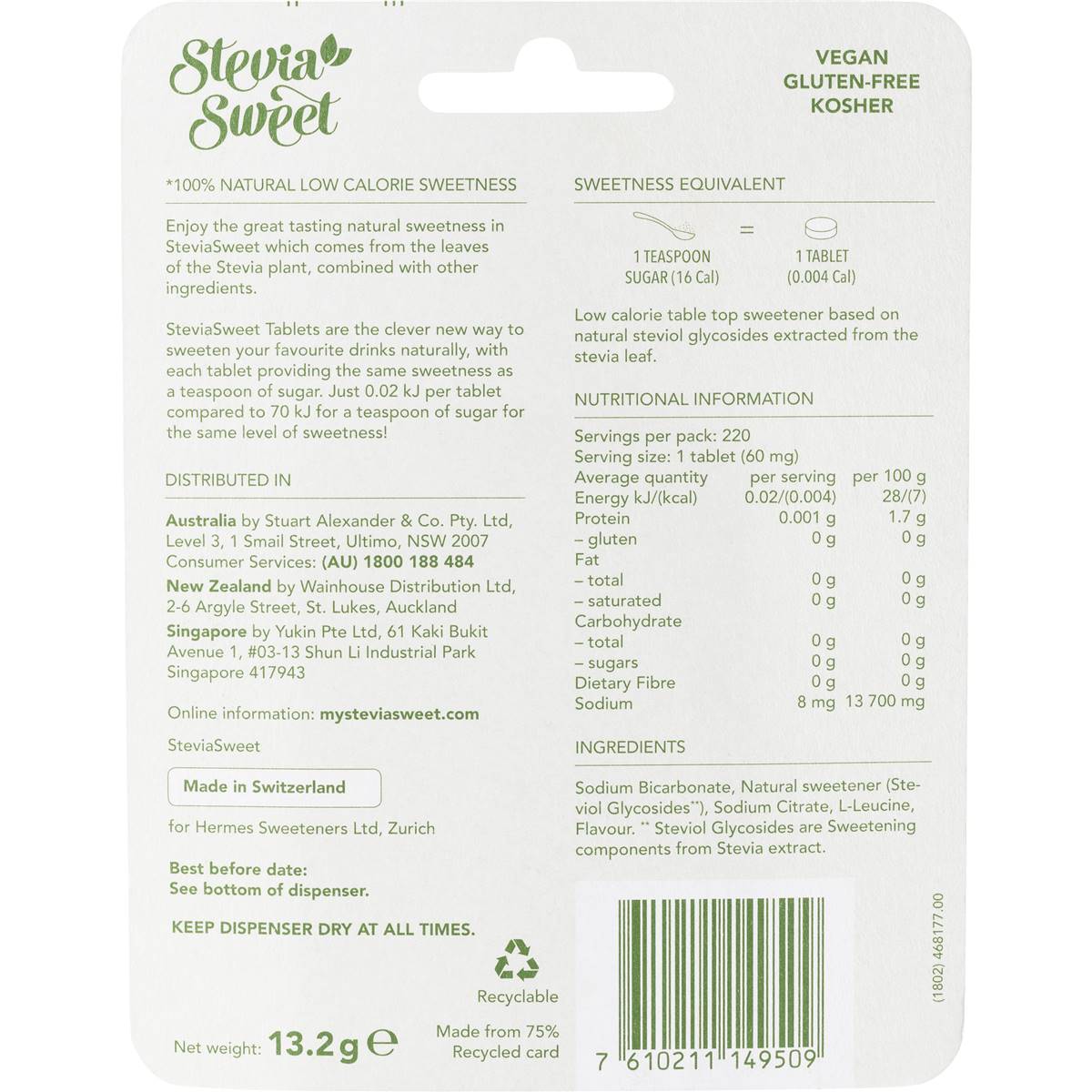 Stevia Sweet Tablets 220 Pack | Woolworths