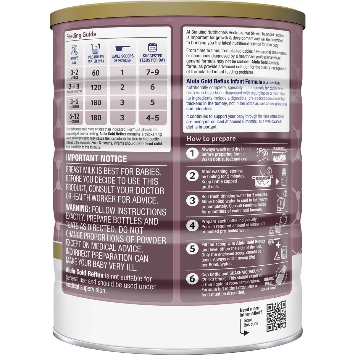 Alula Gold Reflux 0-12 Months Infant Formula 900g | Woolworths