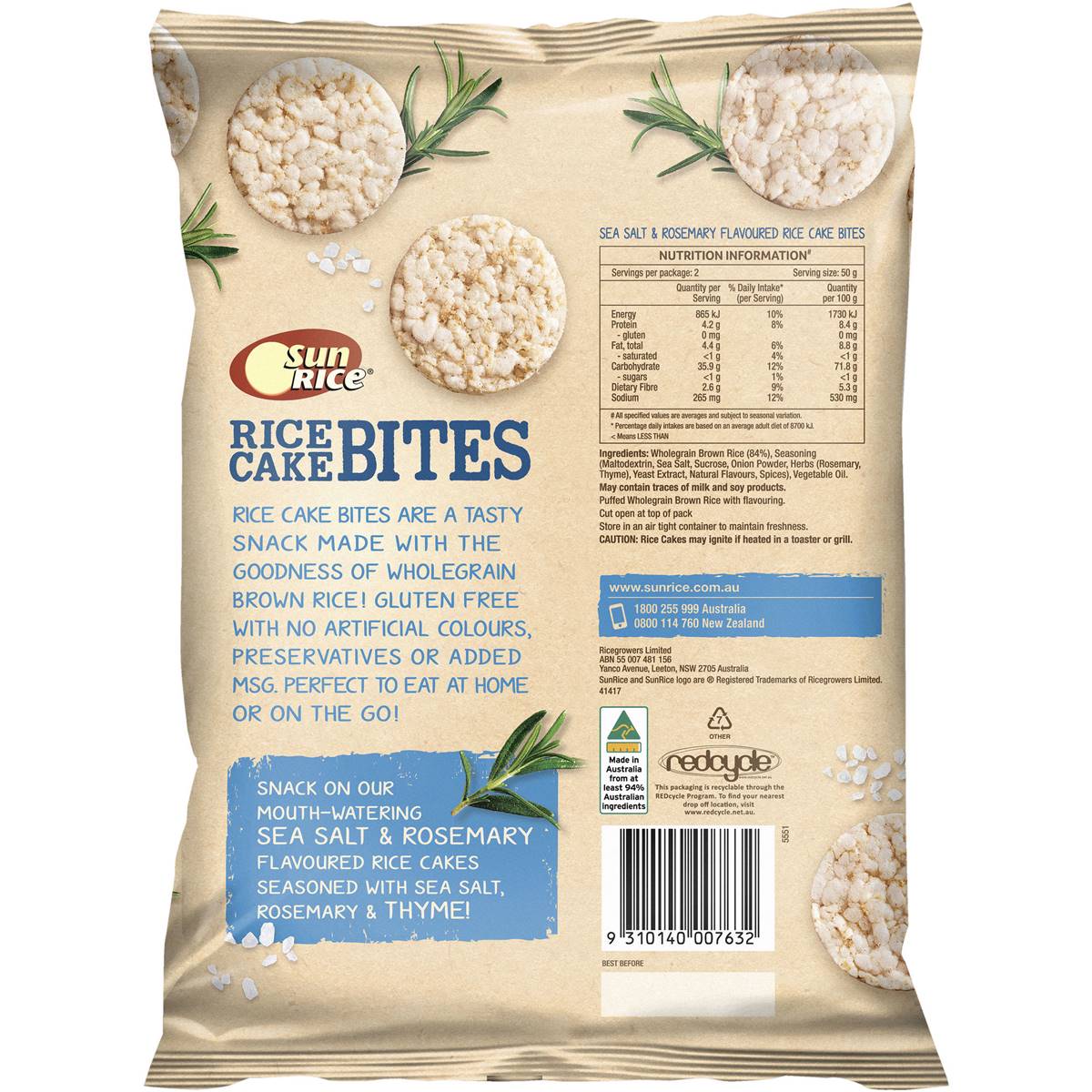 Sunrice Rice Cake Bites Seasalt And Rosmary Wholegrain 100g | Woolworths